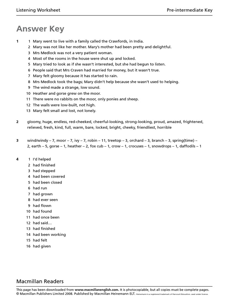 The Secret Garden Audio Worksheet Answer Key | PDF | The Secret Garden