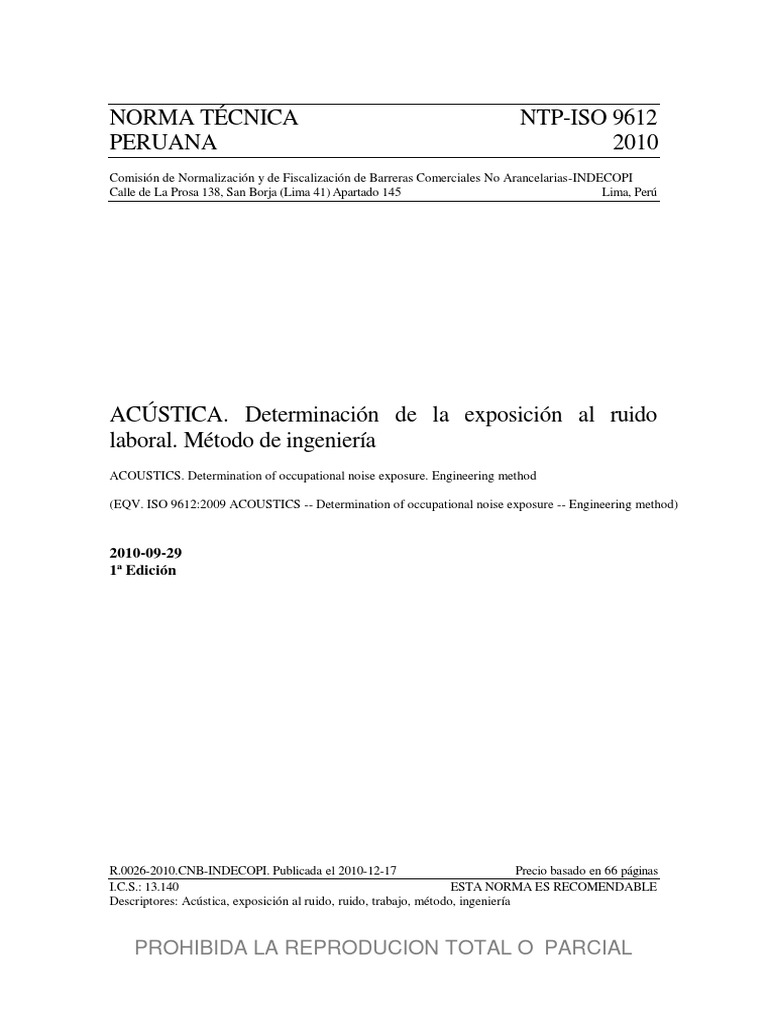 Norma Técnica NTP-ISO 9612:2010 Ruido Laboral | PDF | Medición | Decibel