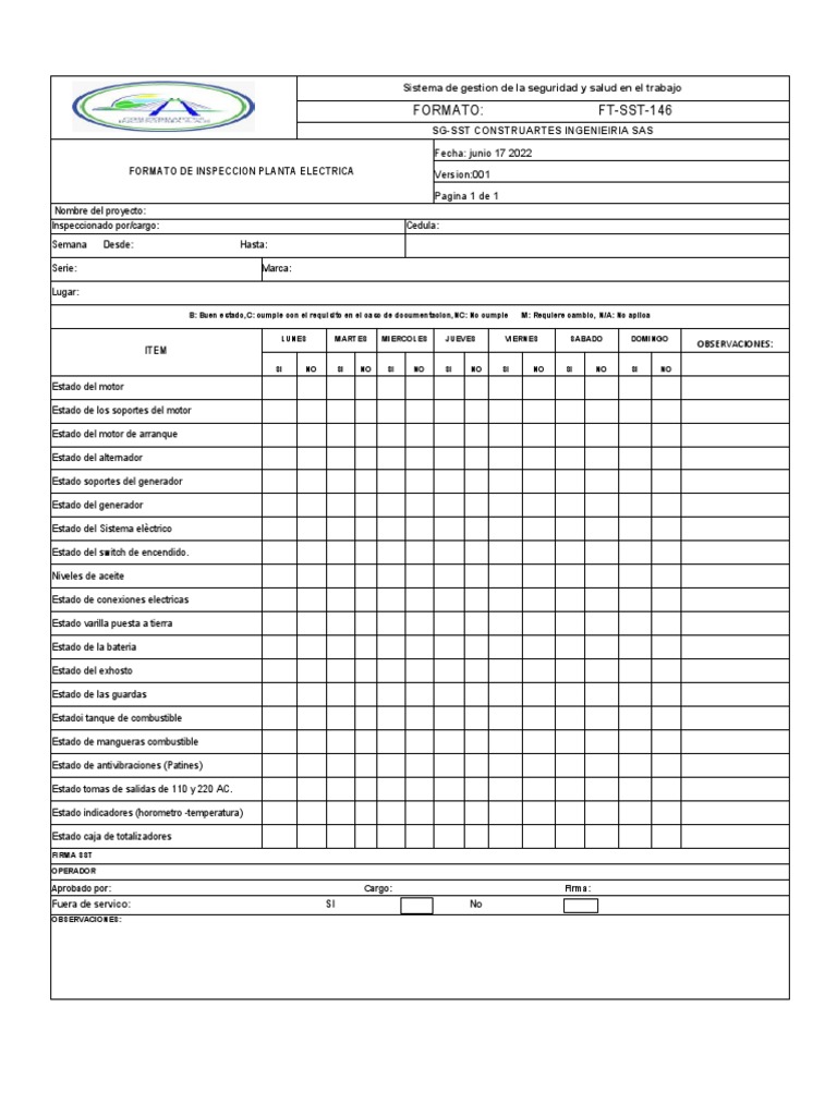 FT-SST - 146 Formato de Inspeccion Planta Electrica. | PDF
