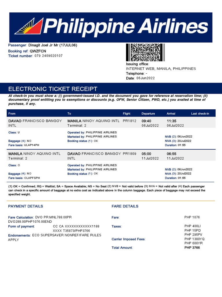 Electronic Ticket Receipt 06JUL For JOEL JR DINAGIT | PDF | Transport