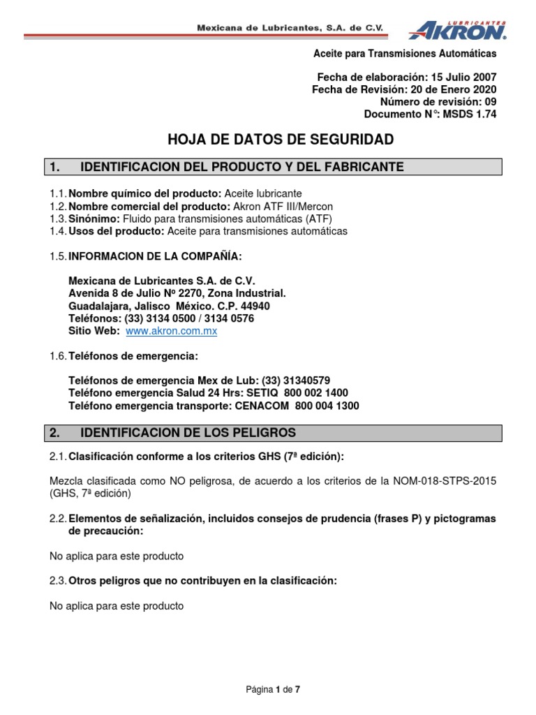 MSDS ATF Dexron III PDF | PDF | Agua | Contaminación