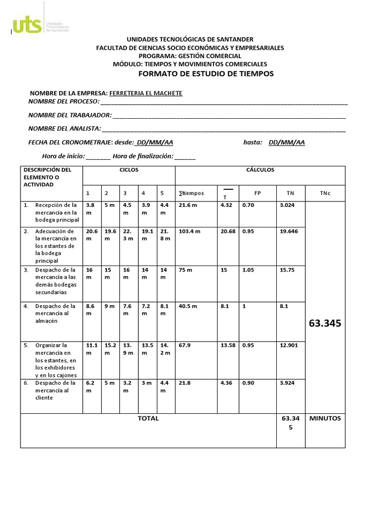Formato De Estudio De Tiempos Actividad 2 Unidad 3 Pdf