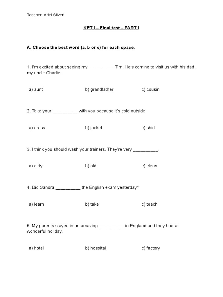 Template - KET I - Final Test - PART I | PDF | Linguistics | Grammar
