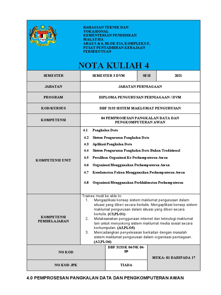 Nota Kuliah 4: 4.0 Pemprosesan Pangkalan Data Dan Pengkomputeran Awan | PDF