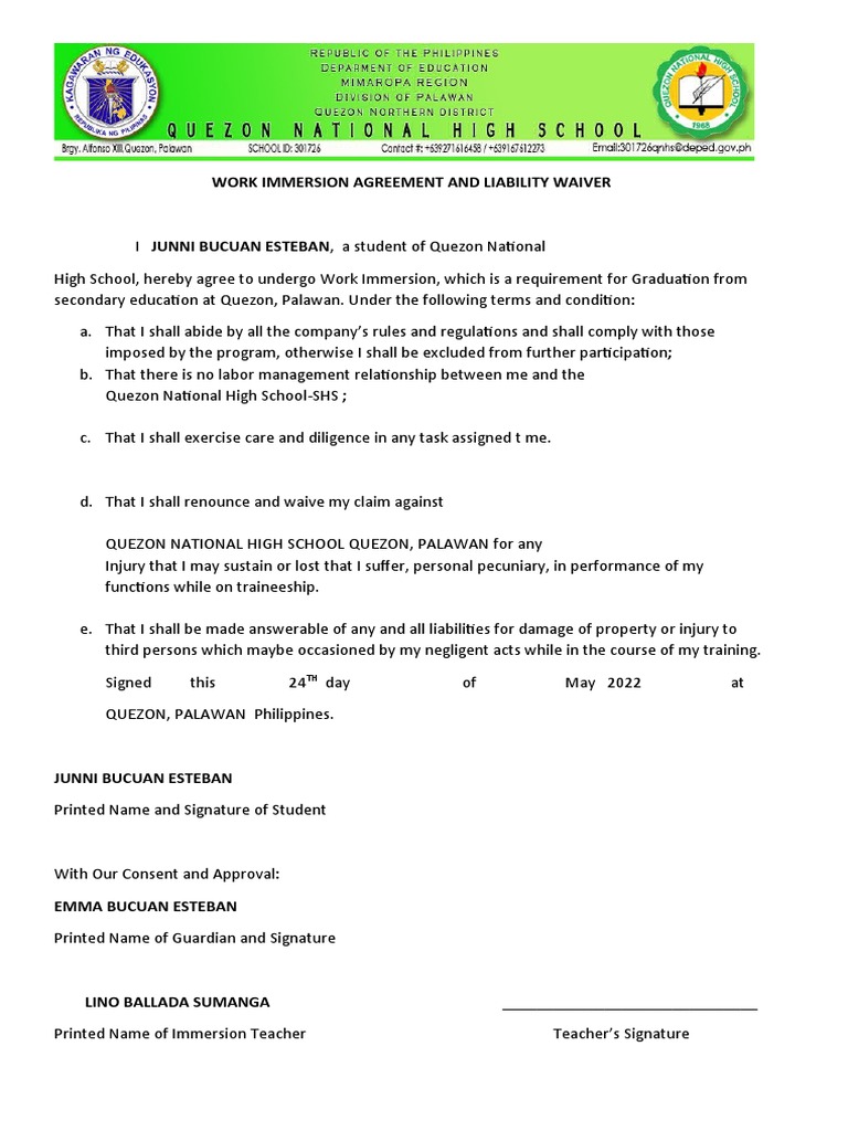 Work Immersion Agreement and Liability Waiver | PDF