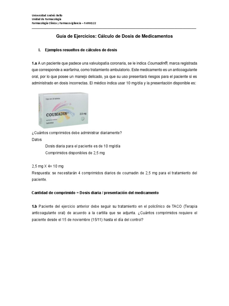 FARM122 - Guía de Ejercicios Cálculo de Dosis y Casos Clínicos Taller #1 2023 | PDF ...