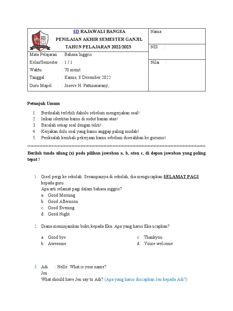 Pas Semester Ganjil Kelas 1 (2022-2023) | PDF