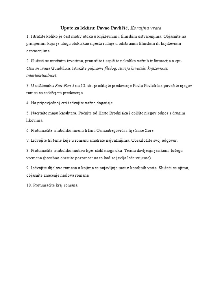 Upute Za Lektiru - Pavao Pavličić - Koraljna Vrata | PDF