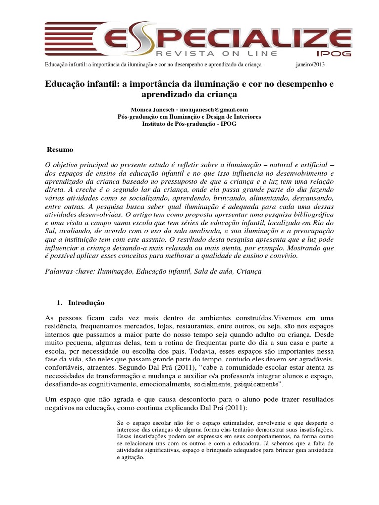 Educacao Infantil A Importancia Da Iluminacao e Cor No Desempenho e ... Educacao Infantil A Importancia Da Iluminacao e Cor No Desempenho e ...