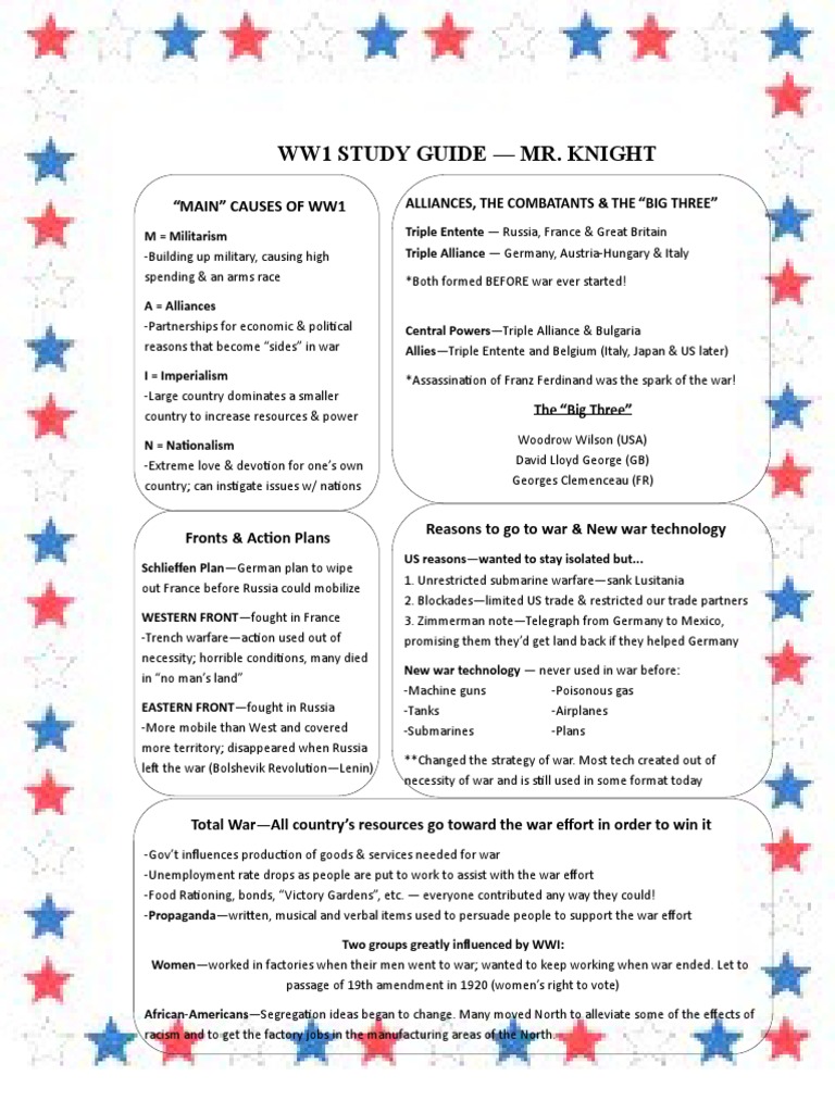 WW1 Study Guide Overview | PDF | Allies Of World War I | World War I