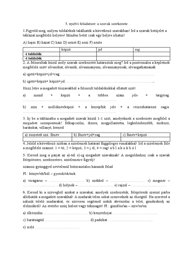 3.nyelvi Feladatsor.a Szavak Szerkezete | PDF