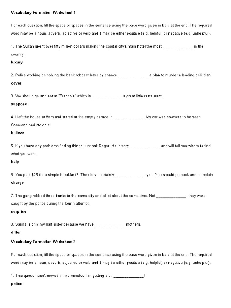 Vocabulary Formation Worksheet 1 | PDF | Adverb | Verb