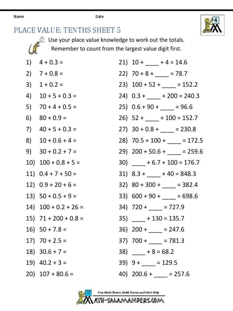 Place Value: Tenths Sheet 5 - A worksheet providing practice problems ...