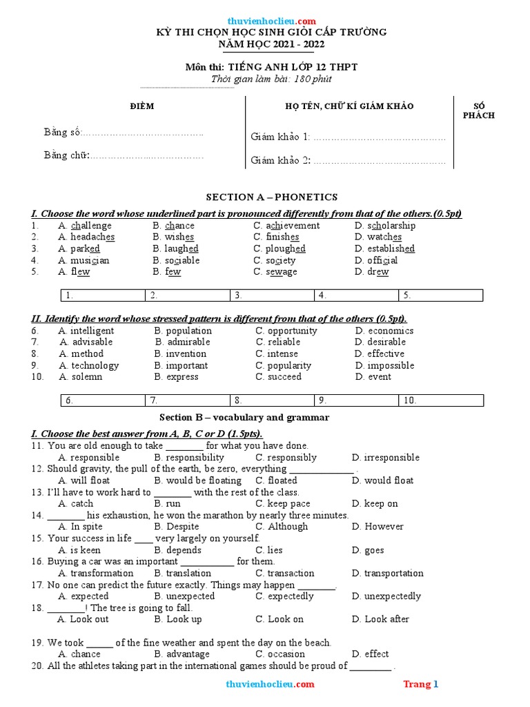 De-thi-chon-HSG-Tieng-anh-12-cap-truong-2021-2022-co-dap-an 2 | PDF | Supermarket | Milk