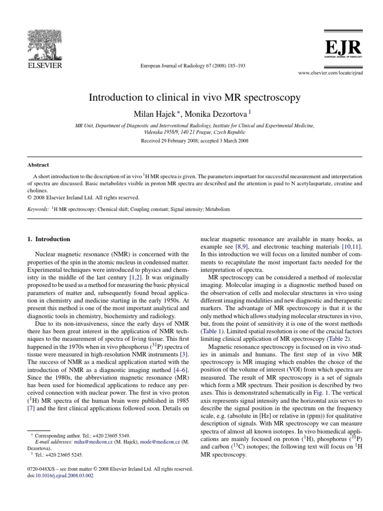 Introduction To Clinical in Vivo MR Spectros | PDF | Magnetic Resonance ...