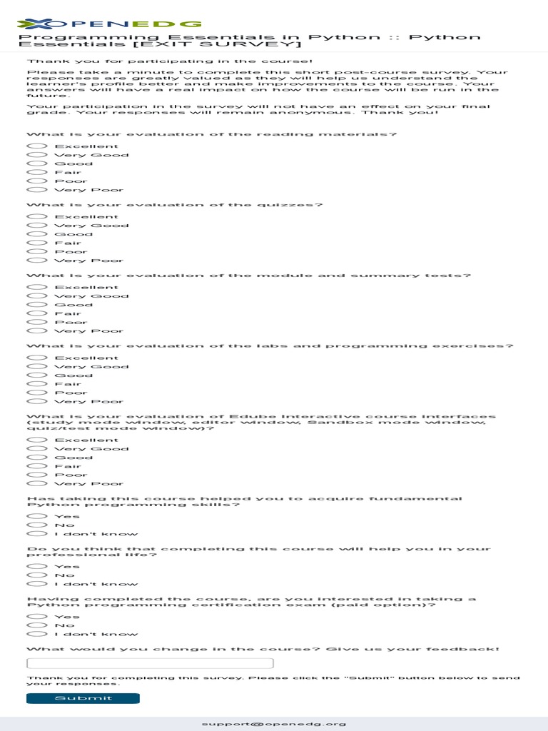 Programming Essentials in Python Python Essentials (EXIT SURVEY) PDF | PDF