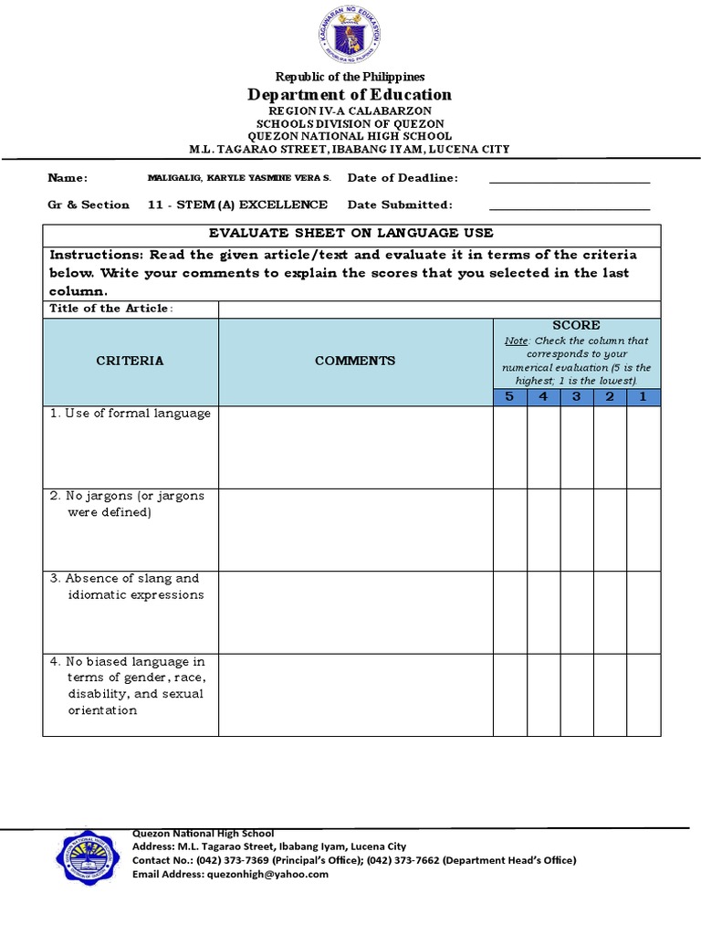 42 Eval Sheet on Language Use | PDF
