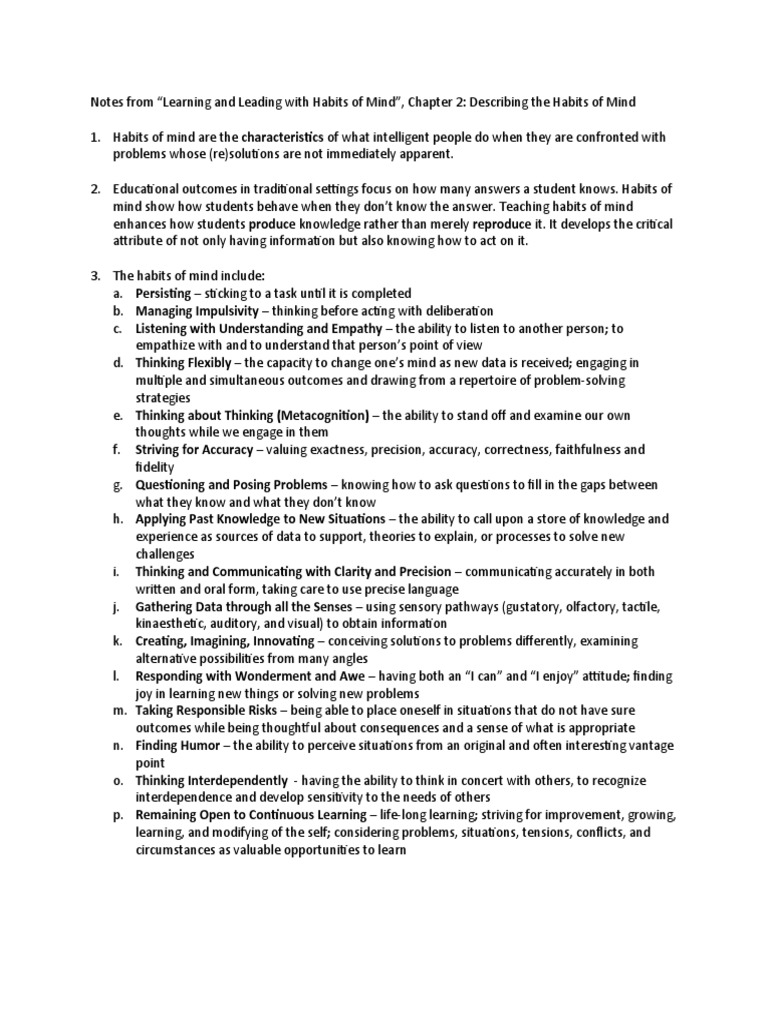 Habits of Mind Notes | PDF | Thought | Mind
