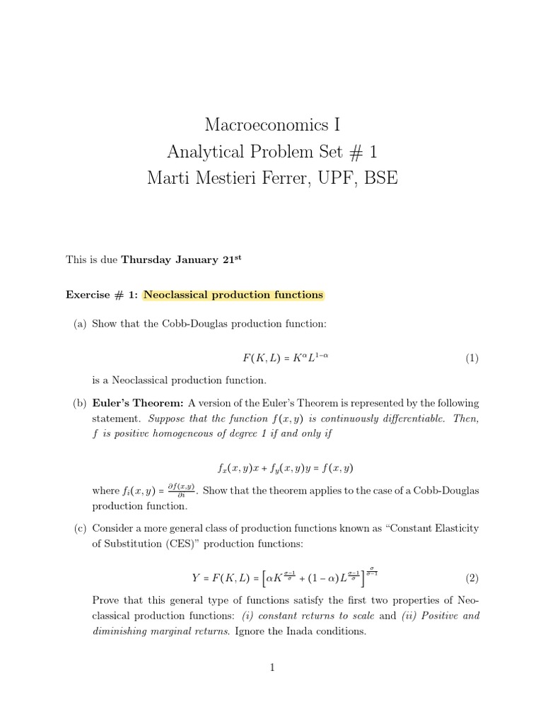 Macroeconomics 1 Problem Set 1 | PDF | Mathematical Analysis | Mathematics