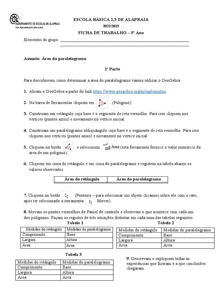 Tarefa - Área Do Paralelogramo - 22-02-2023 - Final | PDF | Vértice (Geometria)
