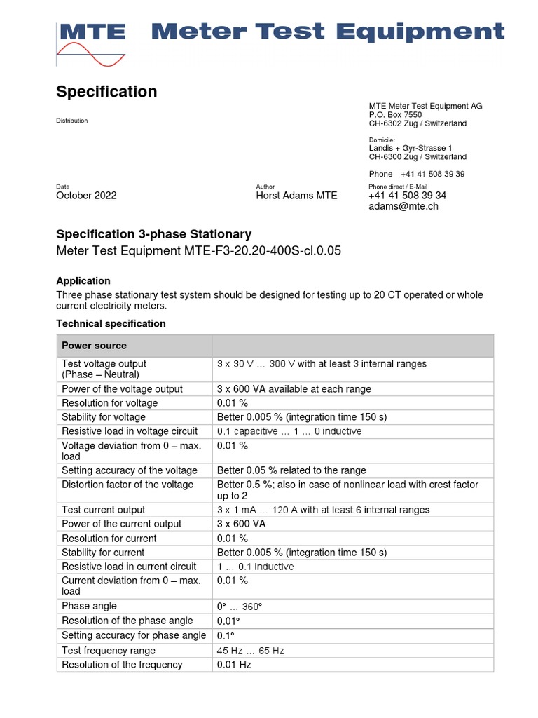 Specification MTE-F3-20.20-400S-cl.0.05 | PDF | Ac Power | Electrical ...
