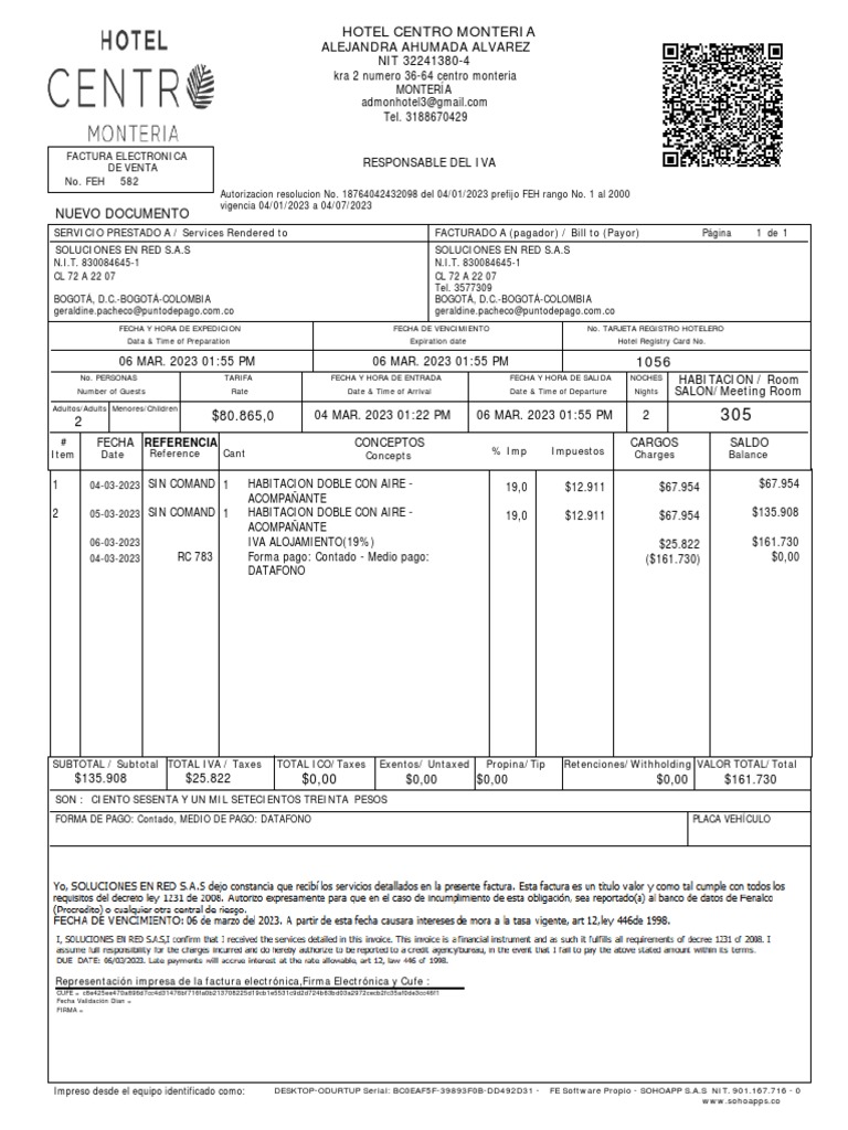 Factura Hotel Centro PDF | PDF | Tecnología bancaria | Pagos
