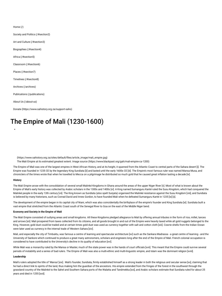 The Empire of Mali (1230-1600) - South African History Online | PDF