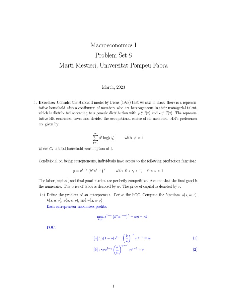 Macroeconomics 1 Problem Set 8 Solution PDF | PDF | Production Function | Economic Equilibrium