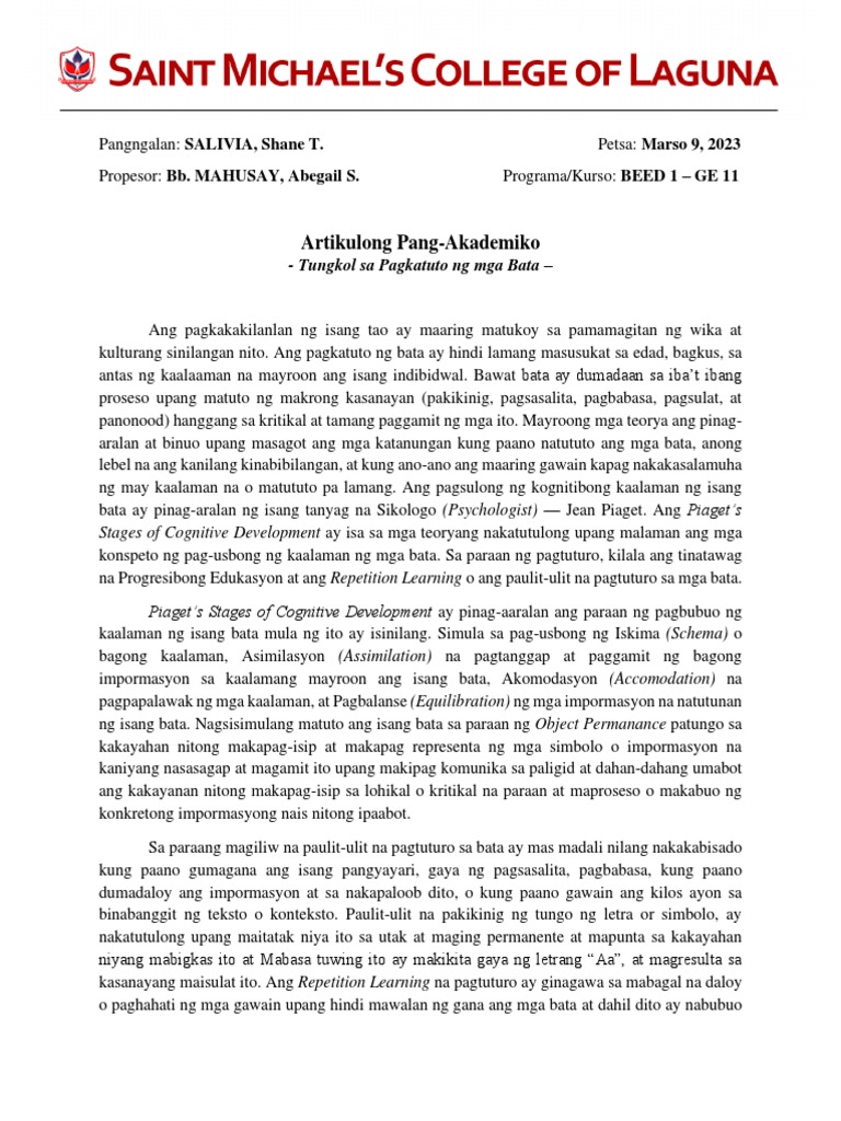 SALIVIA, Shane T. - Artikulong Pang-Akademiko - BEED 1 | PDF