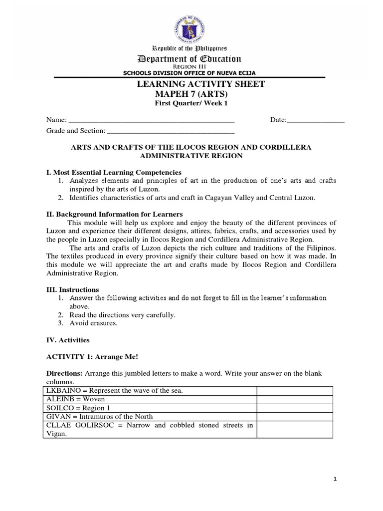 Arts7 q1 w1 Arts and Crafts of Ilocos Region and Cordillera ...