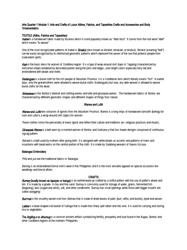 Arts Quarter 1 Module 1 | PDF | Weaving | Textiles