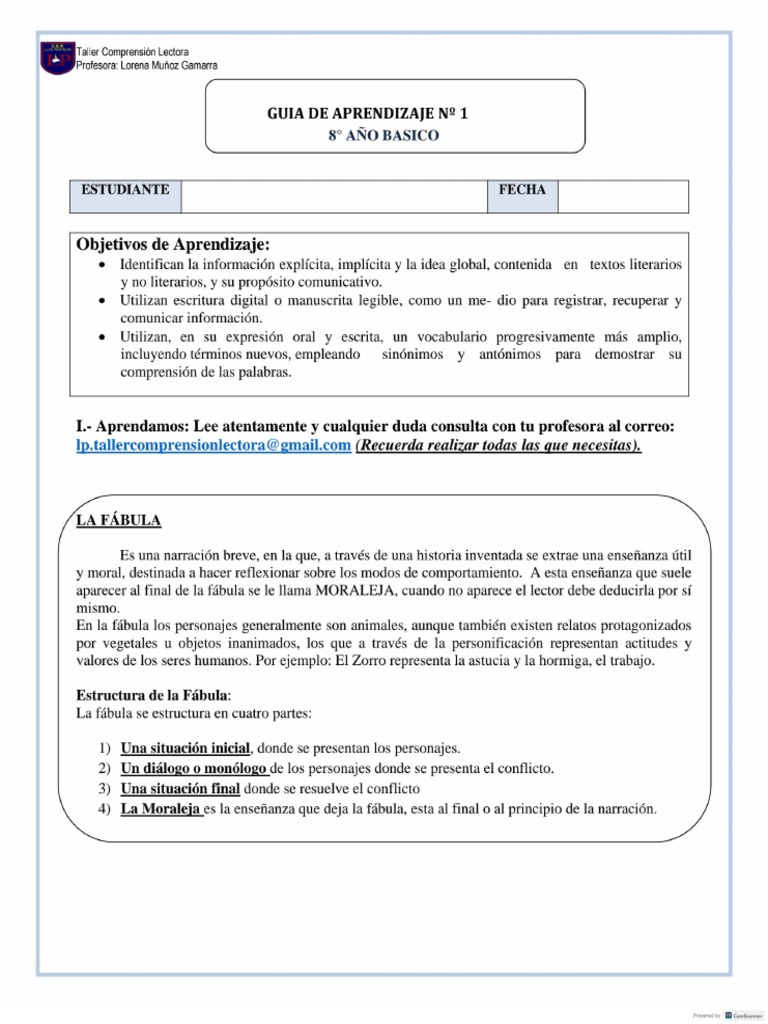 Guía N 1 Taller Comprensión Lectora 8 Básico Ayb Pdf
