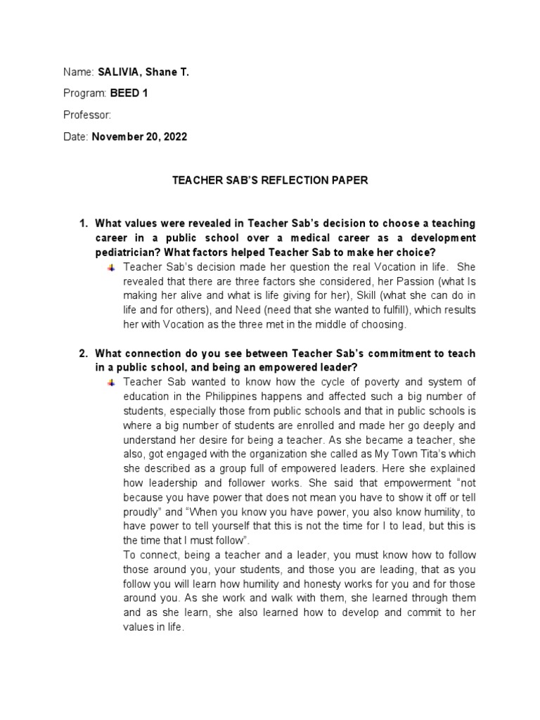 Salivia, Shane T. - Part 2 - Reflection Papers For Teacher Sab | PDF ...