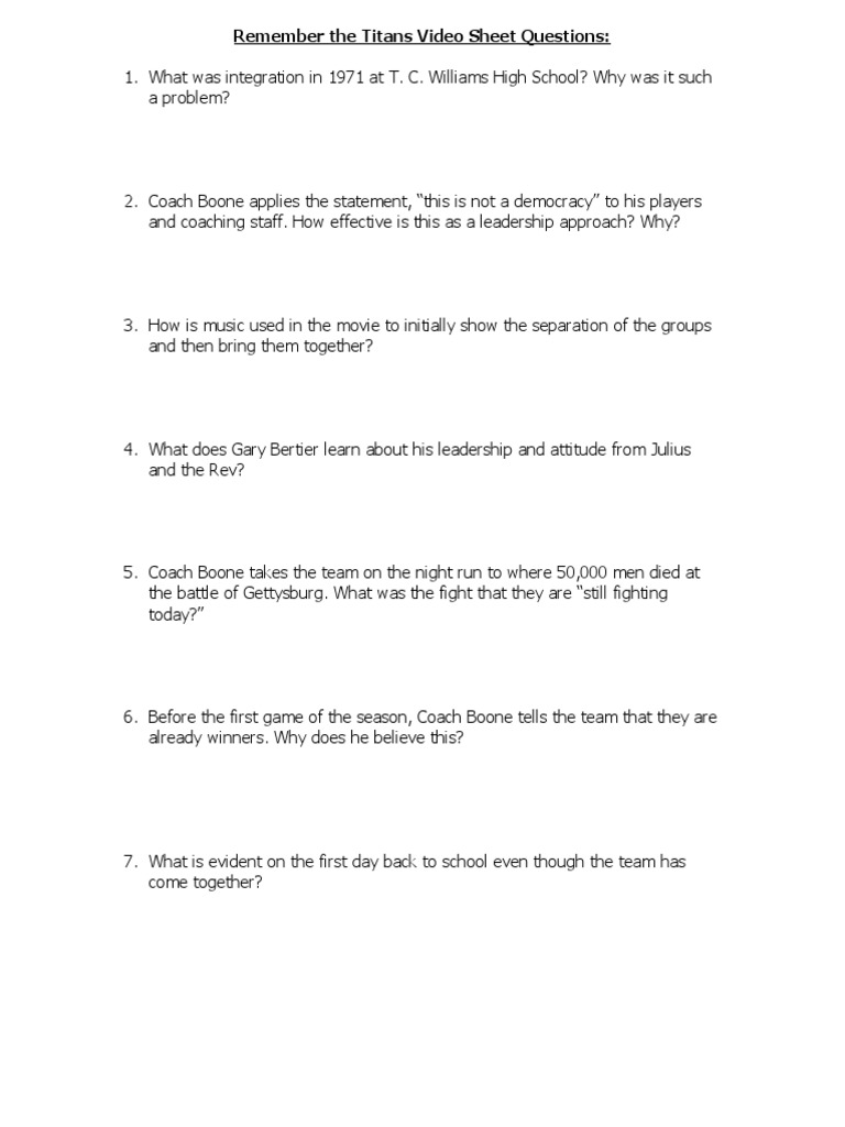 Remember the Titans: Key Themes and Questions | PDF | Sports ...