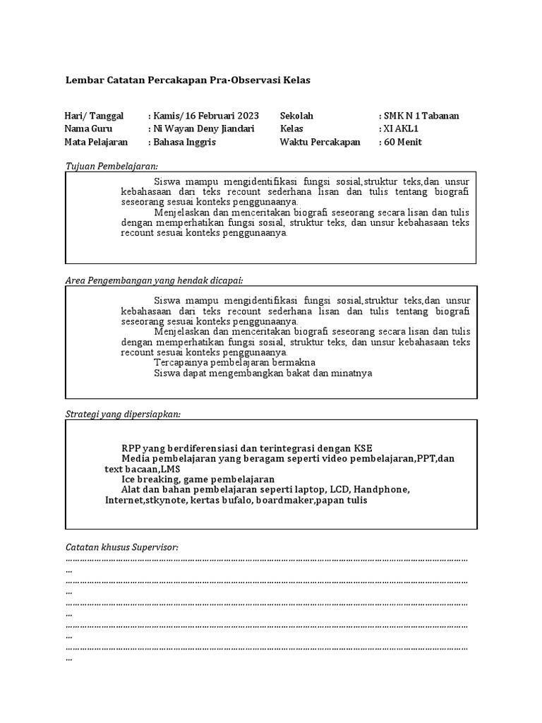Lampiran 4 - Lembar Catatan Percakapan Pra-Observasi Kelas | PDF