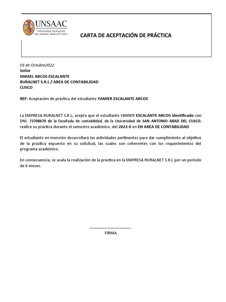 Carta de Aceptacion de La Empresa | PDF