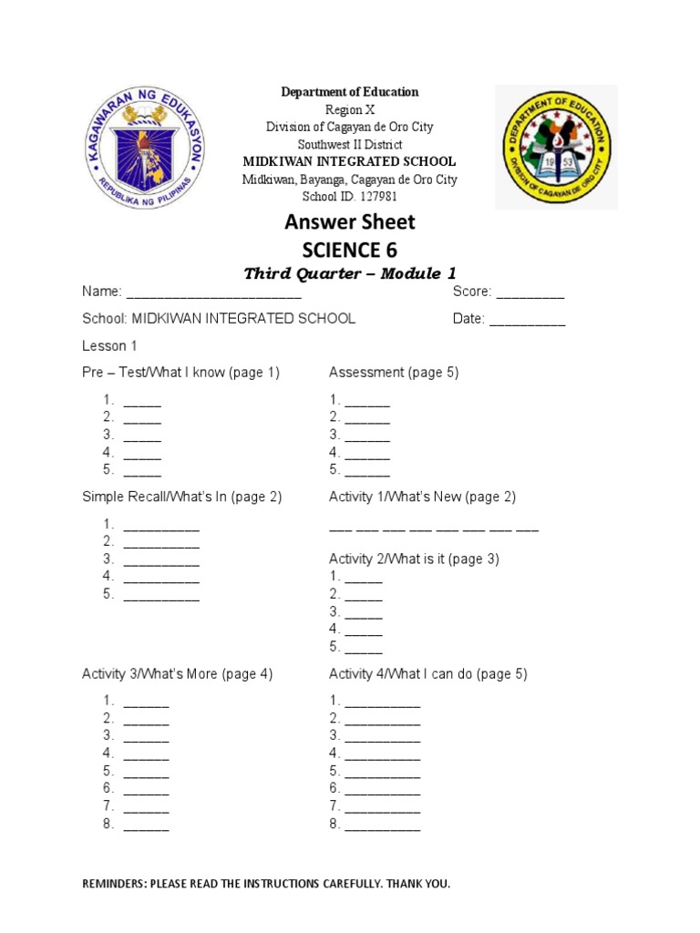 Answer Sheets For Science 6 (Third Quarter) | PDF | Friction | Gravity