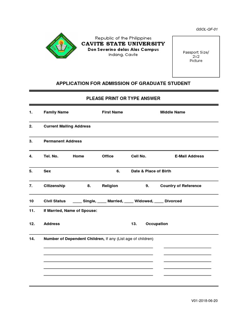 GSOL-QF-01 Application For Admission of Graduate Student | PDF