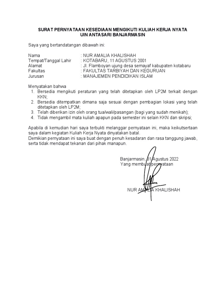Salin-SURAT PERNYATAAN KESEDIAAN MENGIKUTI KULIAH KERJA NYATA | PDF