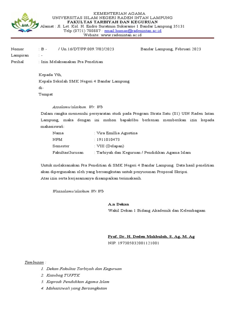 Surat Pra Penelitian | PDF