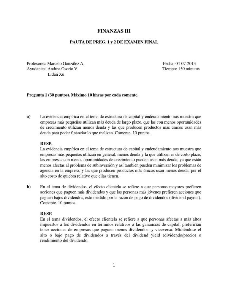 2013 Otoño - Pauta Examen P1P2 González | PDF | Activo intangible | Deuda