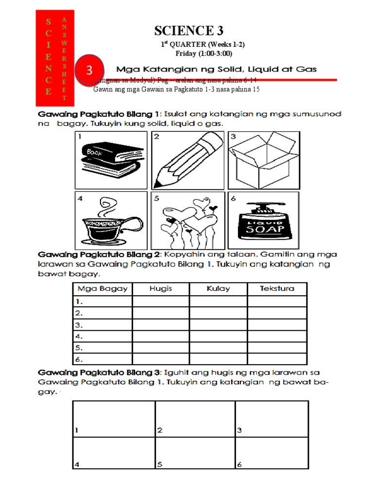 Science 3-Anwersheets-Week 1-Q1 | PDF