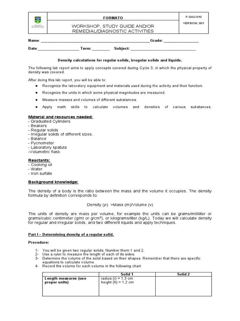 Density Determination Lab Guide | PDF | Density | Volume