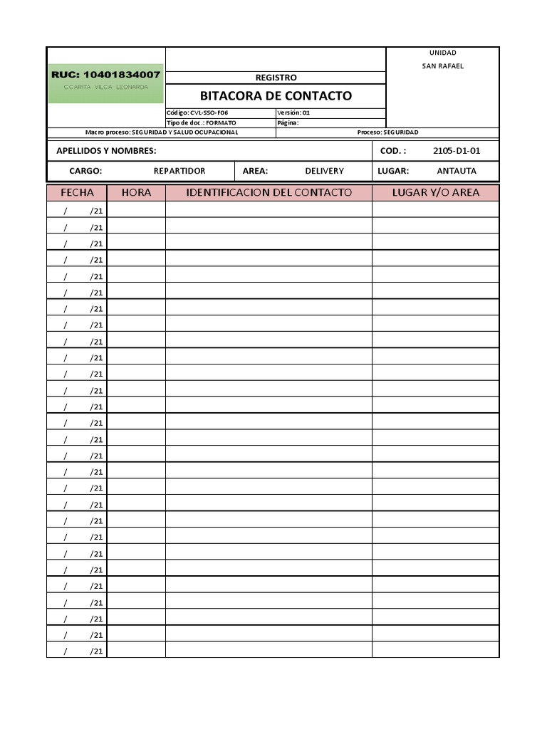 8 Formato-BITACORA DE CONTACTO v1 | PDF