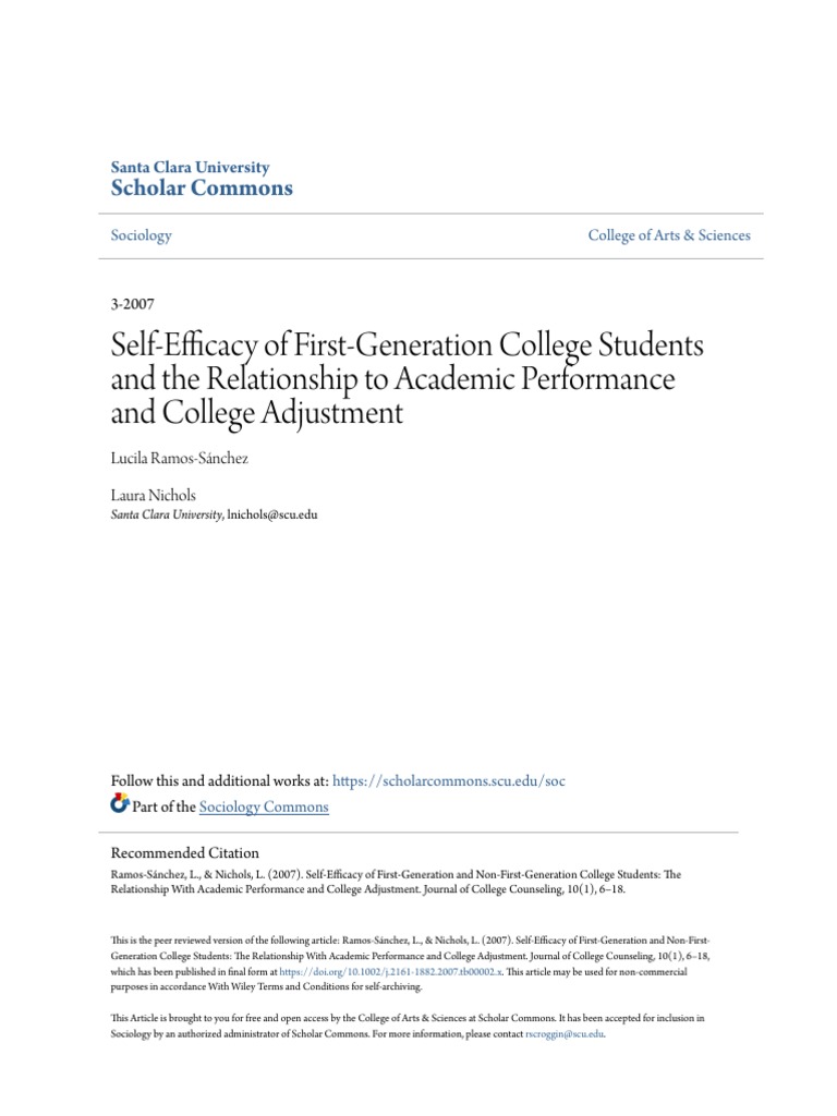 Self-Efficacy of First-Generation College Students and The Relati | PDF ...