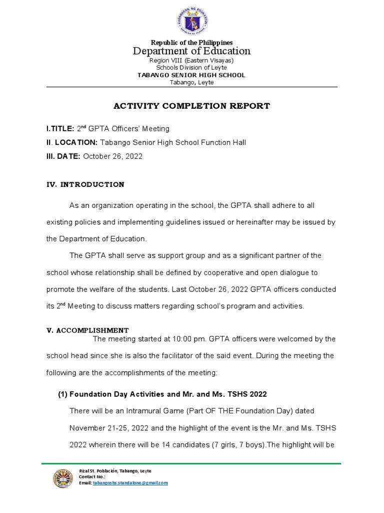 Tabango SHS 2nd GPTA Meeting Report | PDF | Social Science