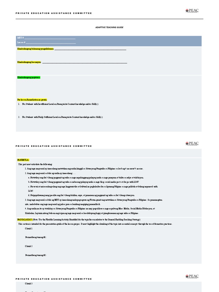 Adaptive Teaching Guide Template - FILIPINO | PDF