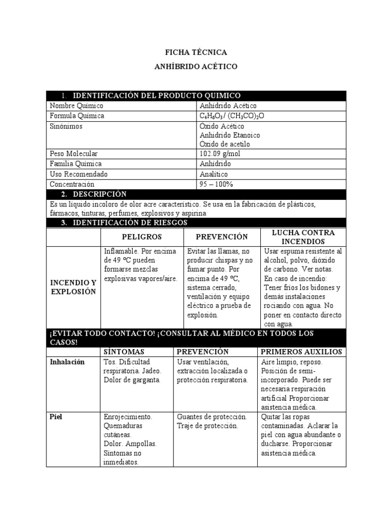 Ficha Técnica - Anhidrido Acético | PDF | Agua | Materiales