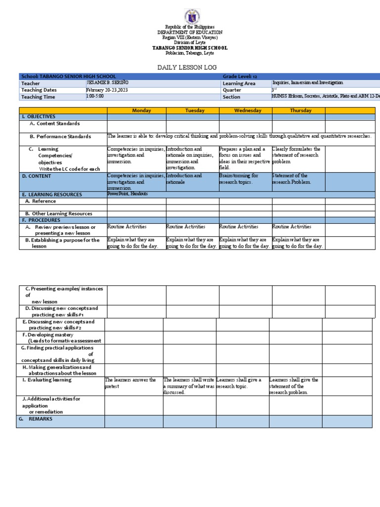 Tabango Senior High School Daily Lesson Log on Inquiries, Immersion and ...