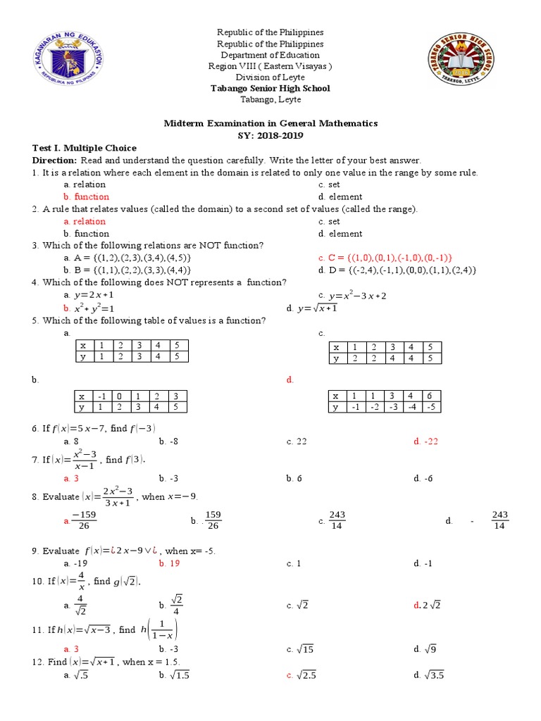Test Questions In General Mathematics Pdf Function Mathematics Equations